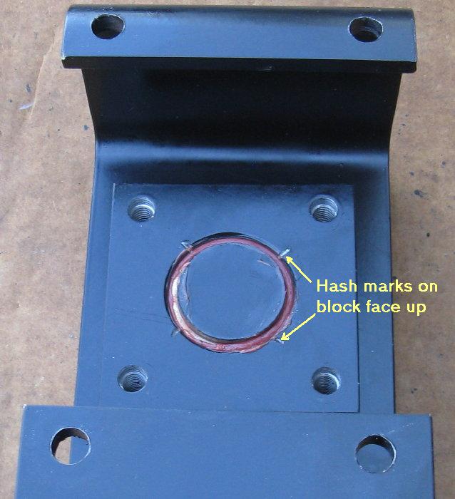 Orient the steel block so that the 4 hash marks around the hole are ...